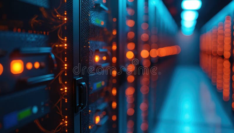 Close-up Server Racks Illuminated with Orange, Blue Lights, Highlights ...