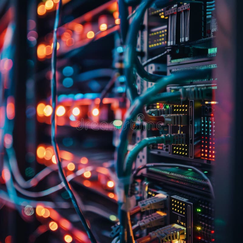 Close-up of Server Racks with Interconnected Cables and Lights Stock ...