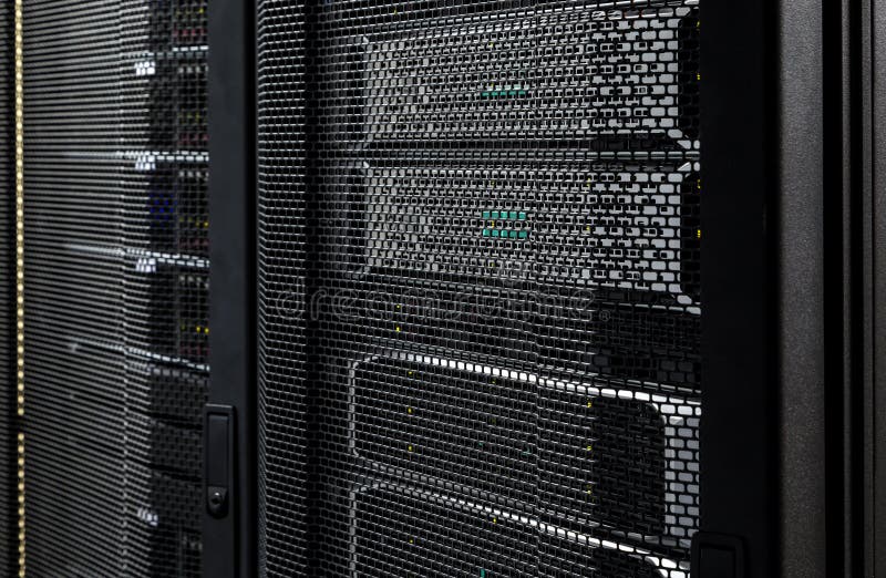 Server Racks Row in Big Data Center with Depth of Field in Cool Blue ...