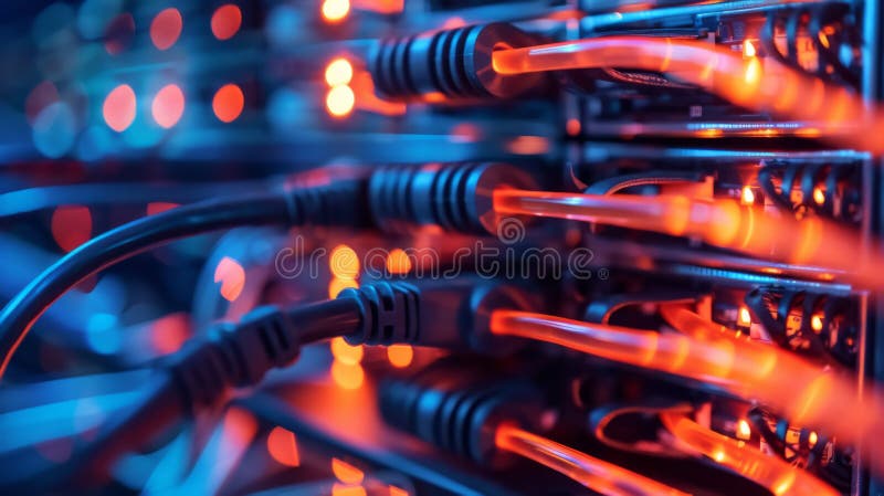 Close-up of Server Racks with Orange Fiber Optic Cables Stock ...