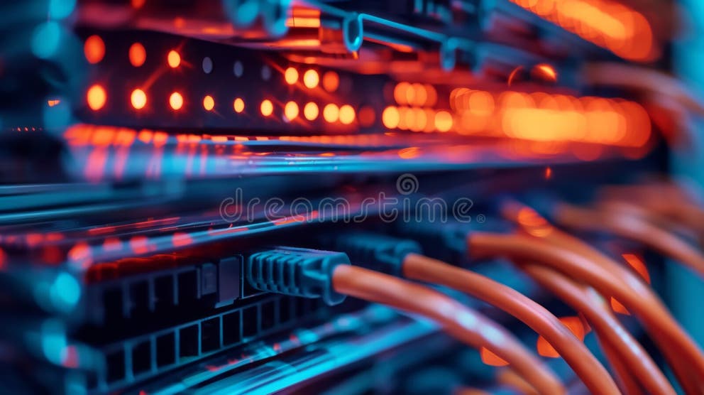 Close-up of Server Racks with Red and Blue Lighting and Cables Stock ...