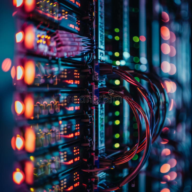 Close-up of Server Racks with Red and Green Lights and Wires Stock ...