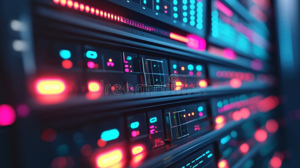 Data Center Server Front Panel with Blinking LED Lights in Focus Stock ...