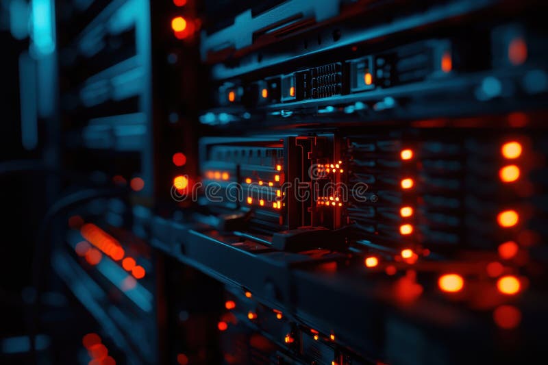 Close-Up of Server Unit with LED Lights in High-Tech Data Center ...