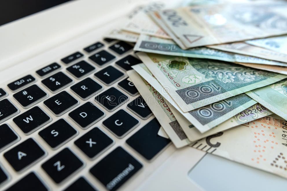 Close Up of Set of Polish PLN Banknotes on Laptop Keyboard Stock Photo ...