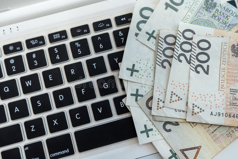 Close Up of Set of Polish PLN Banknotes on Laptop Keyboard Stock Photo ...