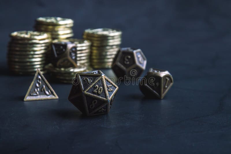 Close-up of a Set of RPG Dice and Coins Stock Photo - Image of ...