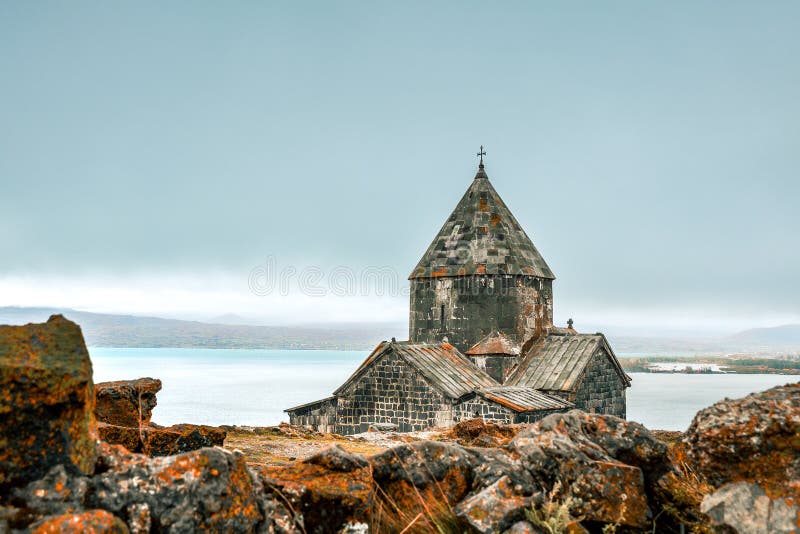 Close Up Sevanavank Monastic Complex Building with Sevan Lake Panorama ...