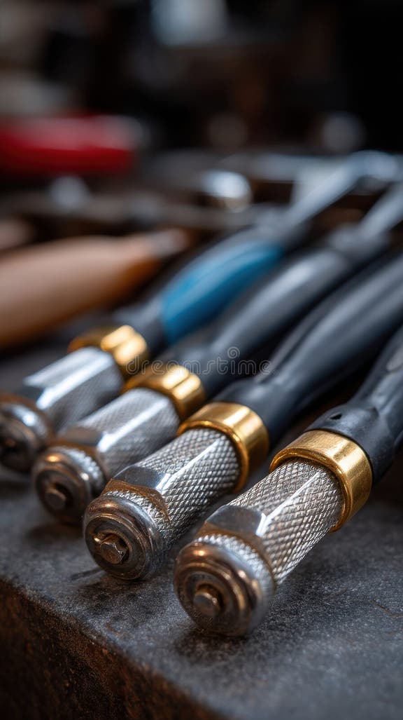 Close-up of Several Antique Precision Measuring Tools Aligned on a Dark ...