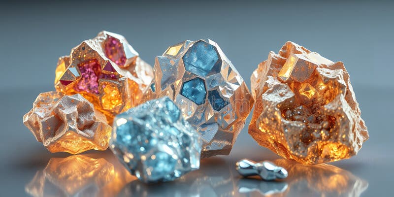 A Close Up of Several Colorful Mineral Specimens with Metallic and ...