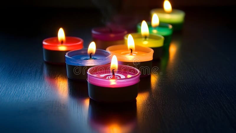 A Close Up of Several Colorful Tea Light Candles Burning on a Dark ...