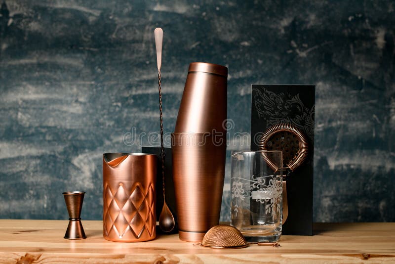 Close-up. Several Copper Items of Bar Equipment Stand at the Bar. Stock ...