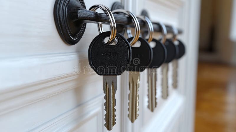 Close-up of Several Keys on a Key Rack Attached To a White Door Stock ...