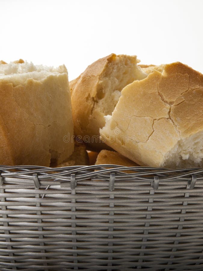 Close-up of Several Pieces of Bread Inside a Silver Wicker Basket Stock ...
