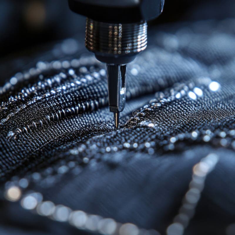 Close-Up of Sewing Machine Needle on Black Textured Fabric Surface ...