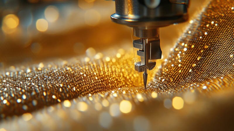 Close-up of Sewing Machine Needle Stitching Glittering Gold Fabric with ...