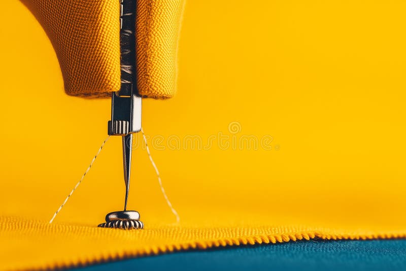 Close-up of Sewing Machine Needle Stitching Vibrant Yellow Fabric in ...