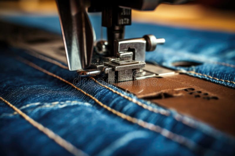 Close-up of Sewing Machine Stitching Denim Fabric Stock Illustration ...