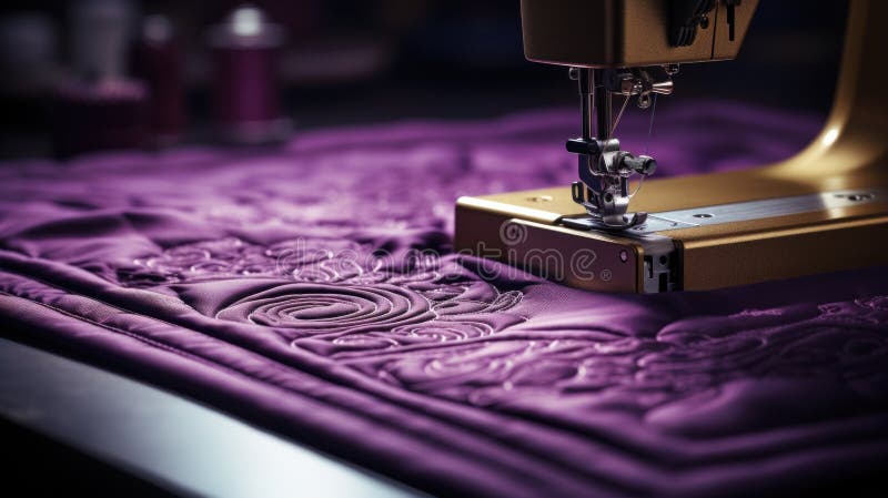 A Close Up of a Sewing Machine on Top of Purple Fabric, AI Stock ...