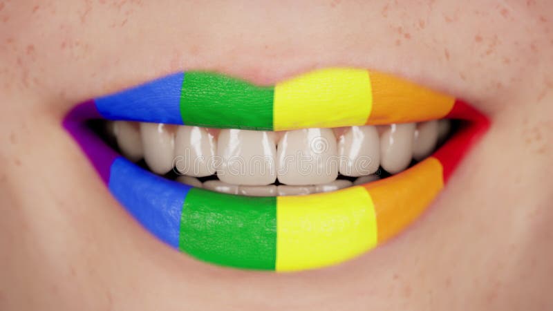 Close Up Of Caucasian Woman Perfect Lips With Rainbow Lipstick Lgbt