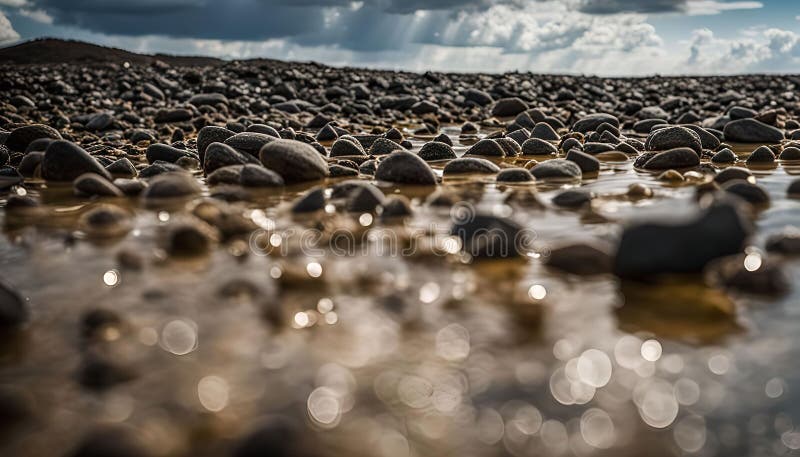 Close-up of a Shallow Puddle with Smooth Rounded Stones and Shimmering ...