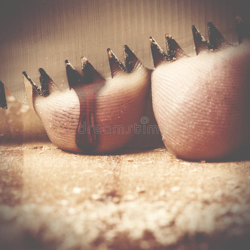 Close-up of Sharp Hand Saw Blade and Finger with Red Blood of C Stock ...