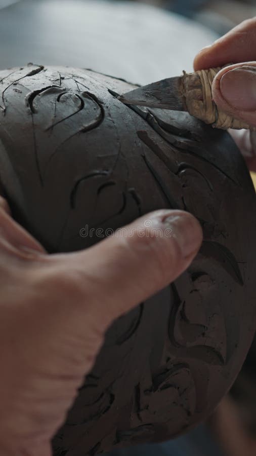 Sharp Metal Tool Scratching Ceramic and Making Engraving. Vertical Shot ...