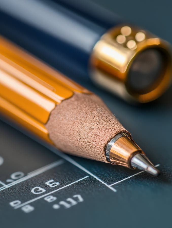 Close-up of a Sharpened Pencil and a Pen Resting on a Technical Drawing ...