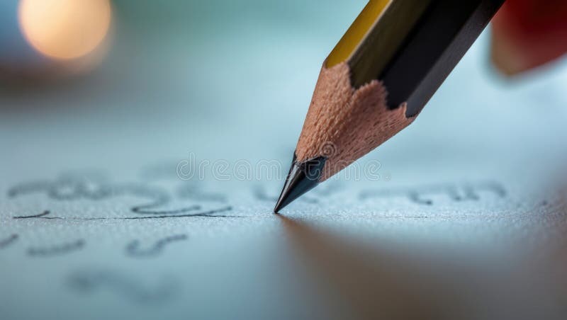 Close-up of a Sharpened Pencil Tip Writing on Paper with Blurred Text ...