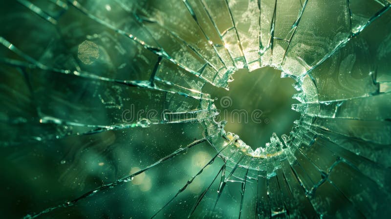 Close-up of Shattered Glass with a Circular Hole Illuminated by Soft ...