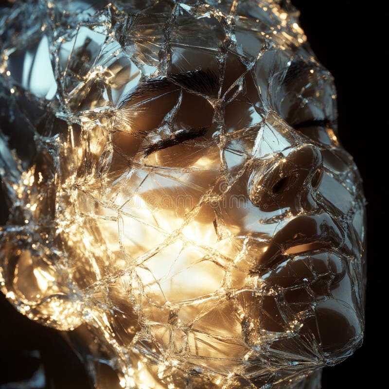 Close-up of Shattered Glass Face Sculpture Illuminated by Warm Light ...