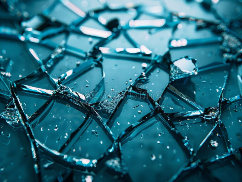 Close-up of a Shattered Glass Surface Reflecting Light in a Teal Hue ...