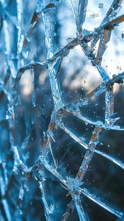 Close-up of Shattered Glass Window with Fragmented Reflections and ...