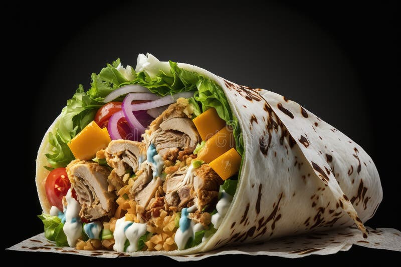 Close-up of Shawarma Wrap, with Juicy Chicken and Toppings Visible ...