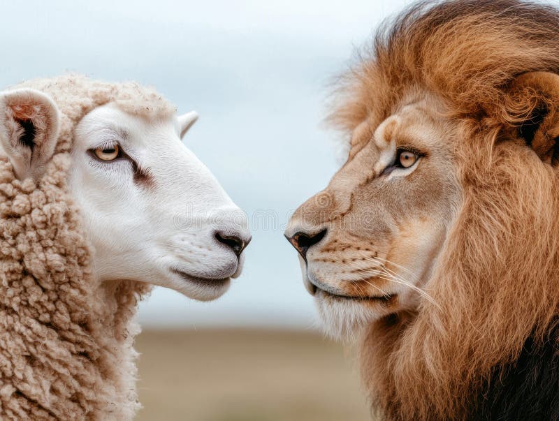 Close-up of a Sheep and a Lion Facing Each Other Stock Illustration ...