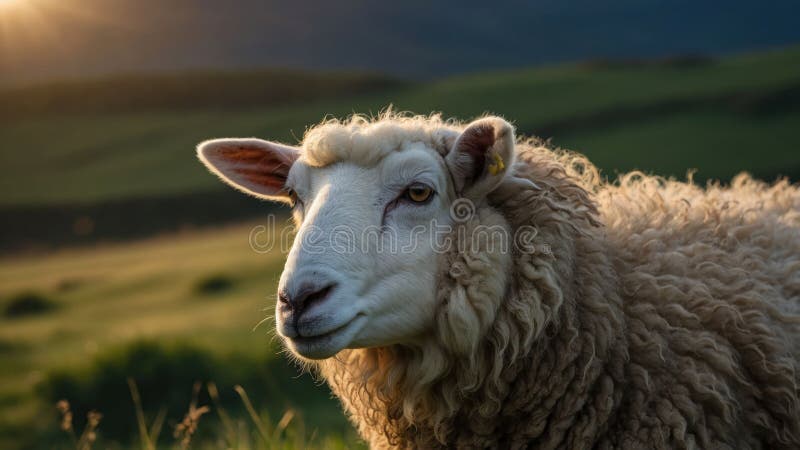 A Close-up of a Sheep in a Serene Landscape during Golden Hour Stock ...