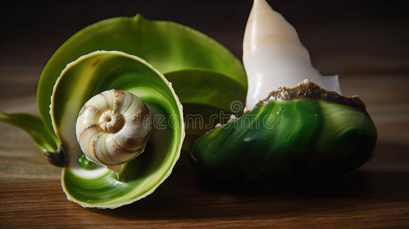 A Close Up of a Shell and a Snail on a Wooden Table with a Black ...