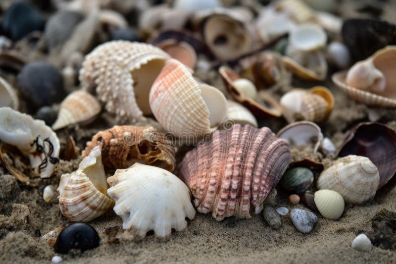 Close-up of Shells and Other Beachcombing Treasures Stock Illustration - Illustration of sand ...