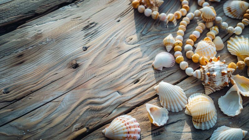Close-up of Shells on a Rustic Wooden Table, Perfect for Beach-themed ...