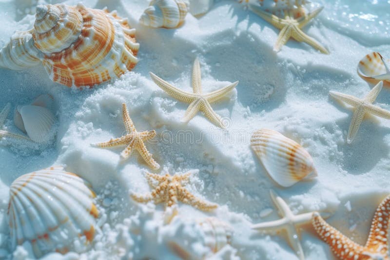 Close Up of Shells and Starfish in the Sand. Perfect for Beach and ...