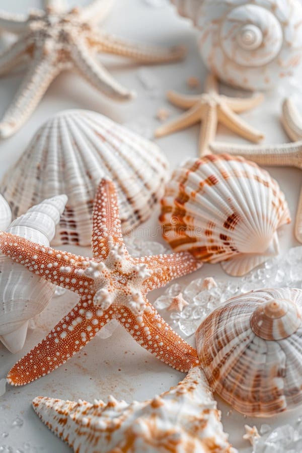 Close Up of Shells and Starfish on a Table, Perfect for Beach-themed ...