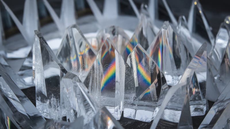 Close-up of Shimmering Glass Spikes Reflecting a Rainbow Spectrum ...