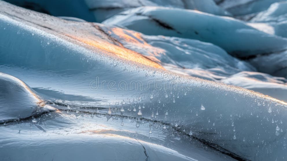 Close-up of Shimmering Ice Formations with Droplets Reflecting Sunlight ...