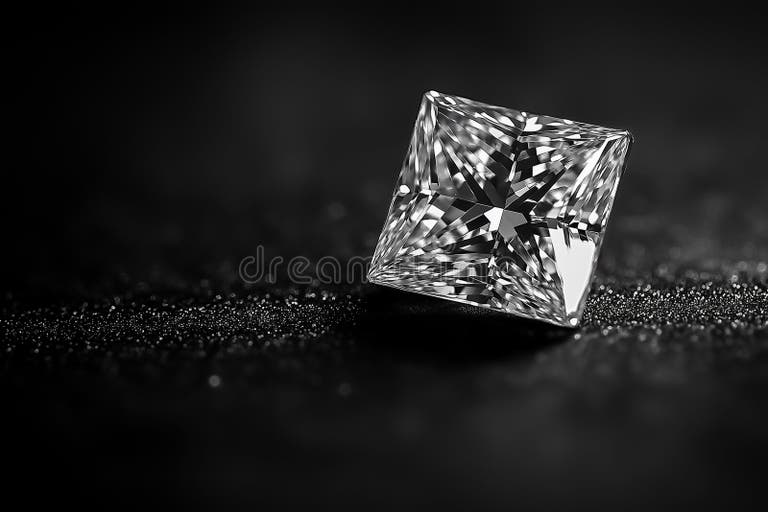 Close-up of a Shimmering Square-cut Diamond on a Dark Textured Surface ...