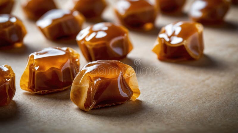 A Close-up of Shiny, Caramel-colored Candies Arranged on a Surface ...