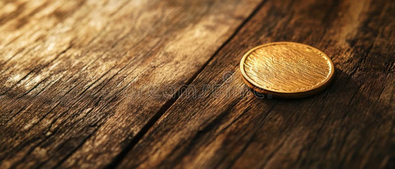 Close Up of Shiny Gold Coin Resting on Rustic Wooden Surface, Capturing ...