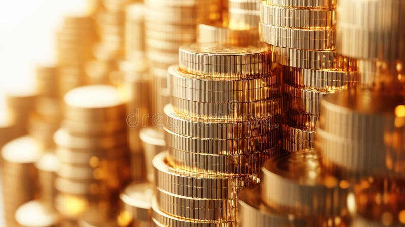Close-up of Shiny Gold Coins Stacked High Stock Illustration ...