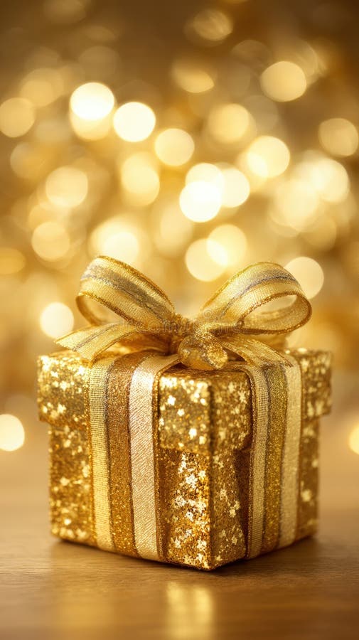 Close-up of a Shiny Gold Gift Box with a Matching Bow on a Wooden Table ...