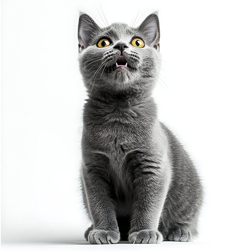 Close-Up of Shiny Gray Cat with Dilated Pupils and Open Mouth. Stock ...