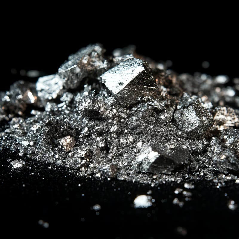 Close-up of Shiny Metal Ore on Black Surface Highlighting Metallic ...